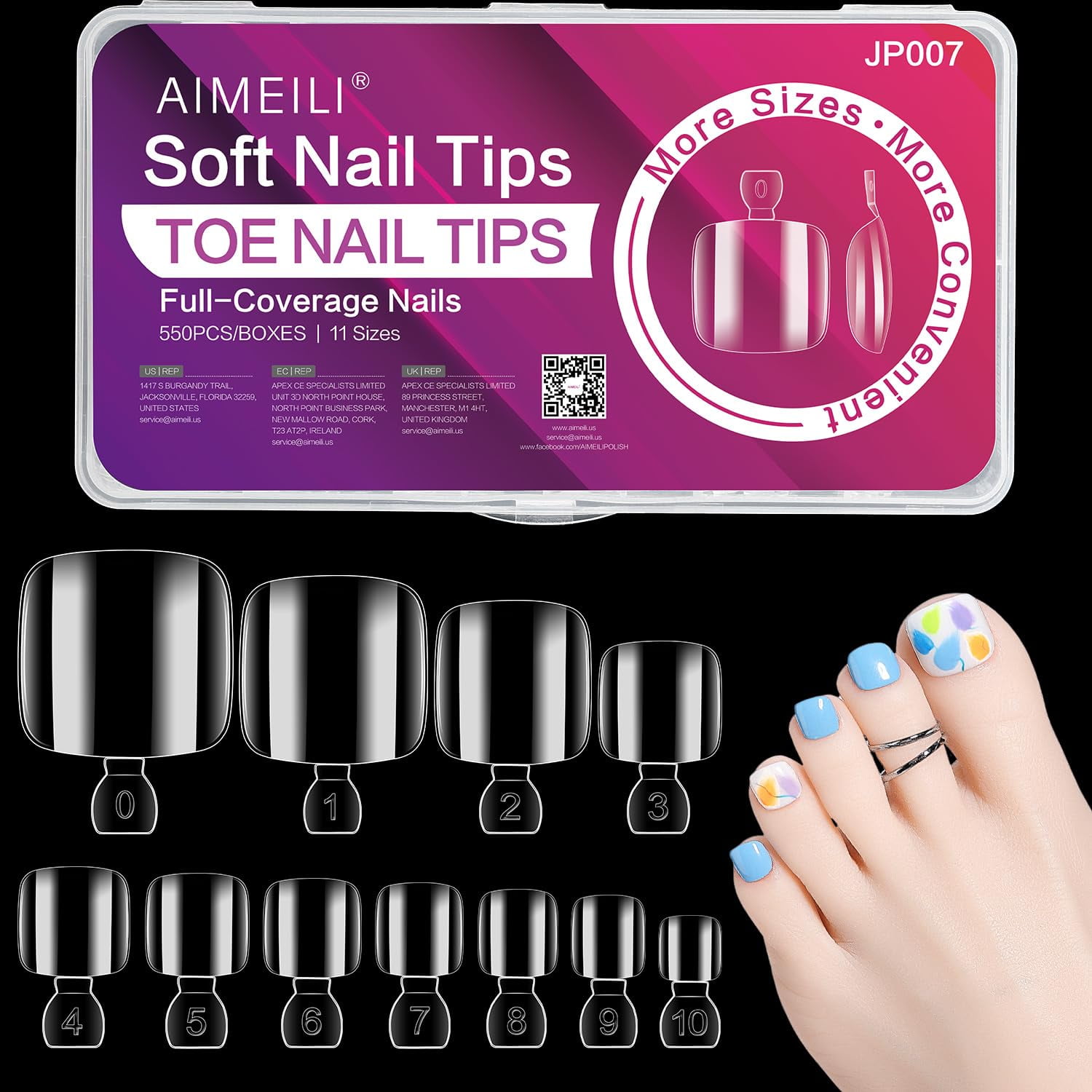 AIMEILI Fake Toenail Tips - 550pcs 10 Sizes Clear Full Cover Toe Art ...