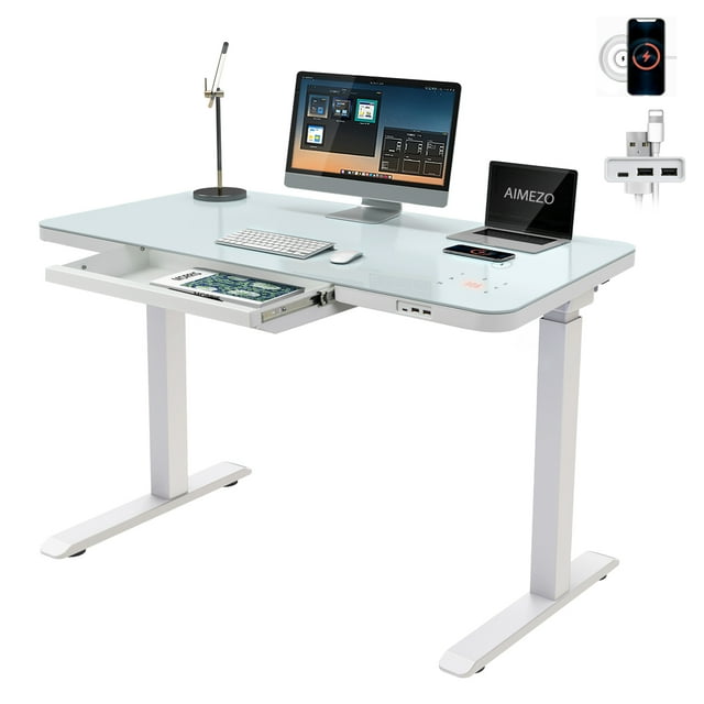 AIMEZO Ergonomic Height Adjustable Glass Standing Desks with Drawer ...