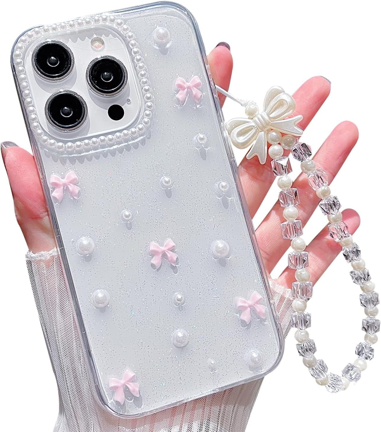 AIMIMI-For Iphone 11 Pro Clear Glitter Case, Cute Bow Pearl Aesthetic ...