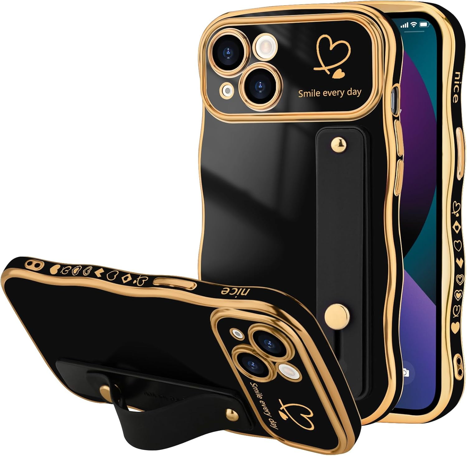 AIMIMI-For Iphone 13 Case For Women Girls With Strap, Wave Frame Cute Love-Heart Plating Luxury ...