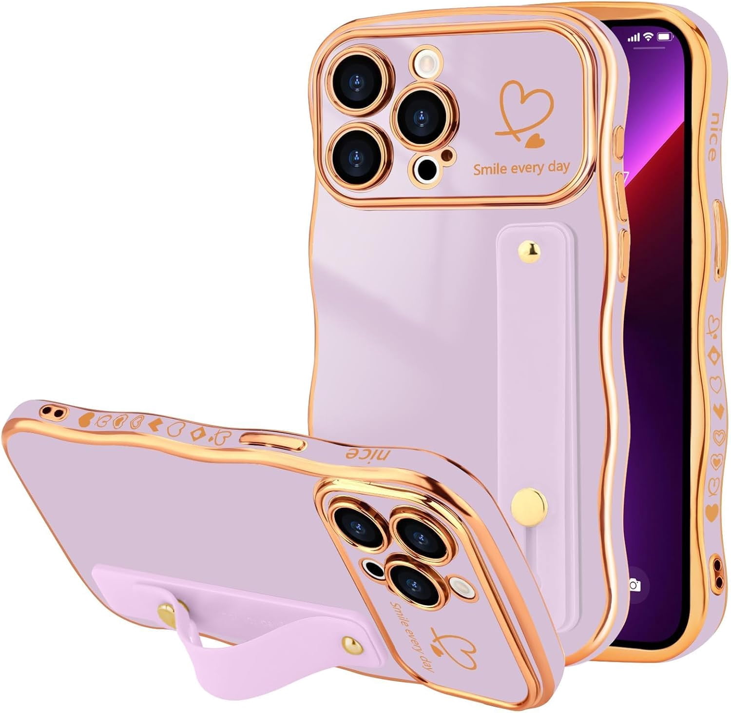 AIMIMI-For Iphone 13 Pro Max Case For Women Girls With Strap, Wave Frame Cute Love-Heart Plating ...