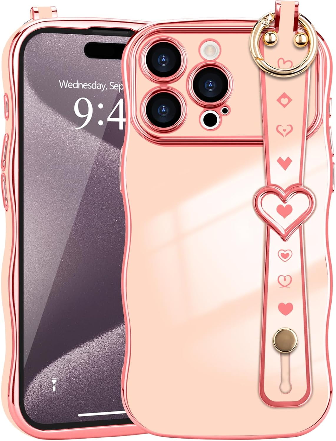 AIMIMI-For Iphone 15 Pro Max Case For Women Girls Wave Frame Strap Cute Love-Heart Luxury ...