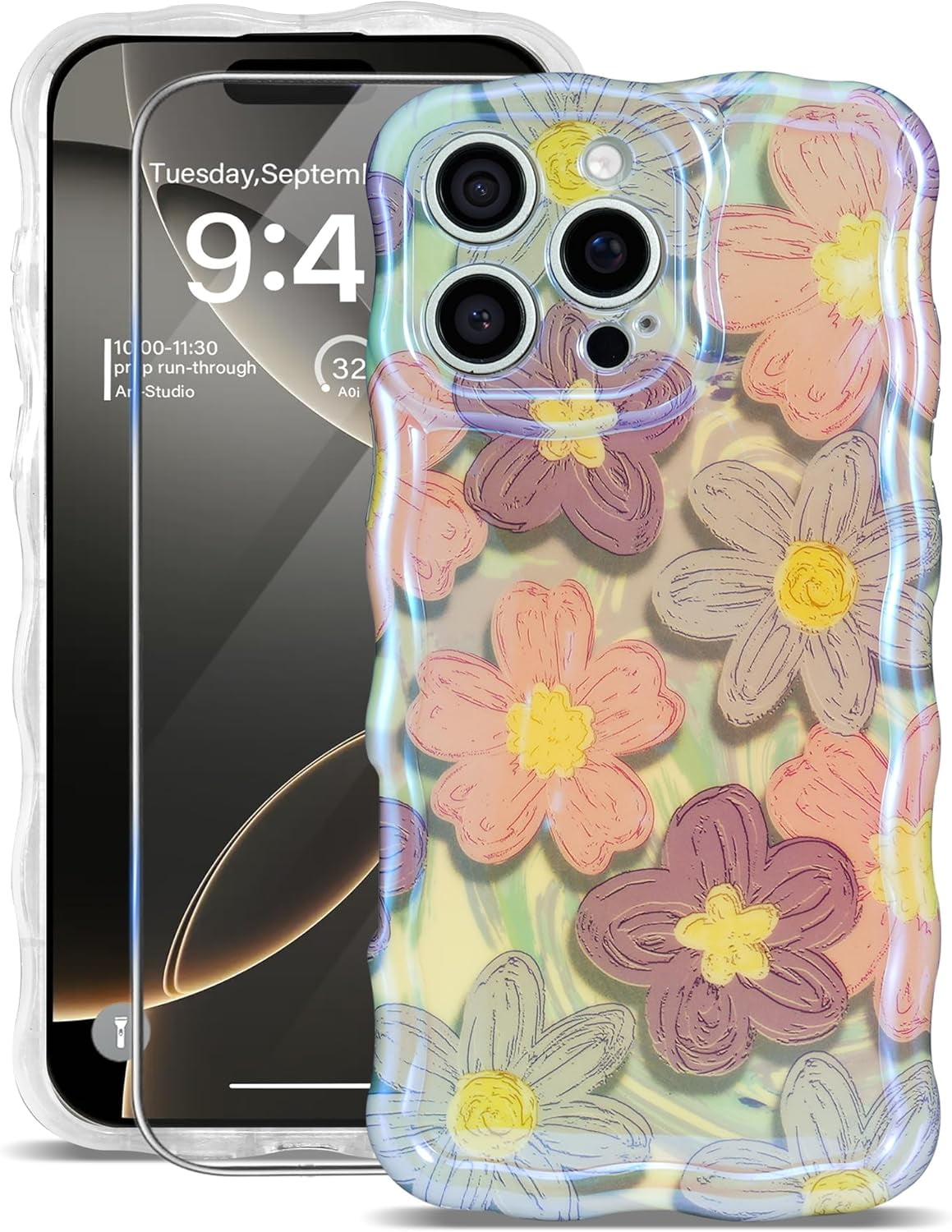 AIMIMI-For Iphone 16 Pro Case [With 9H Screen Protectors] Wave Bumper ...