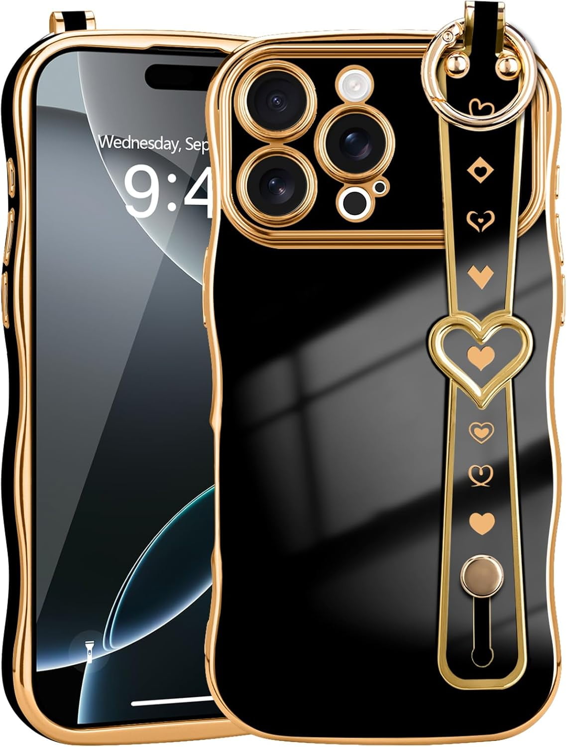 AIMIMI-For Iphone 16 Pro Max Case For Women Girls Wave Frame Strap Cute Love-Heart Luxury ...