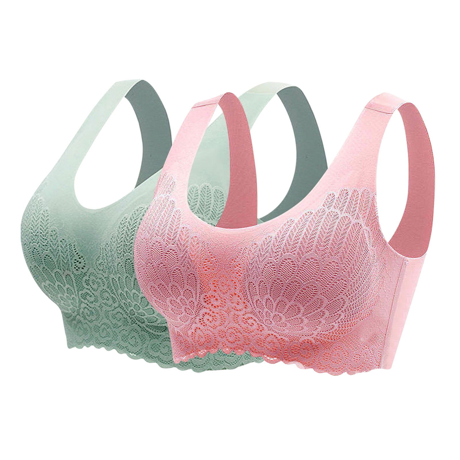 AINIYS 2PC Wide Straps Seamless Soft Cup Bra Wireless Floral Lace ...