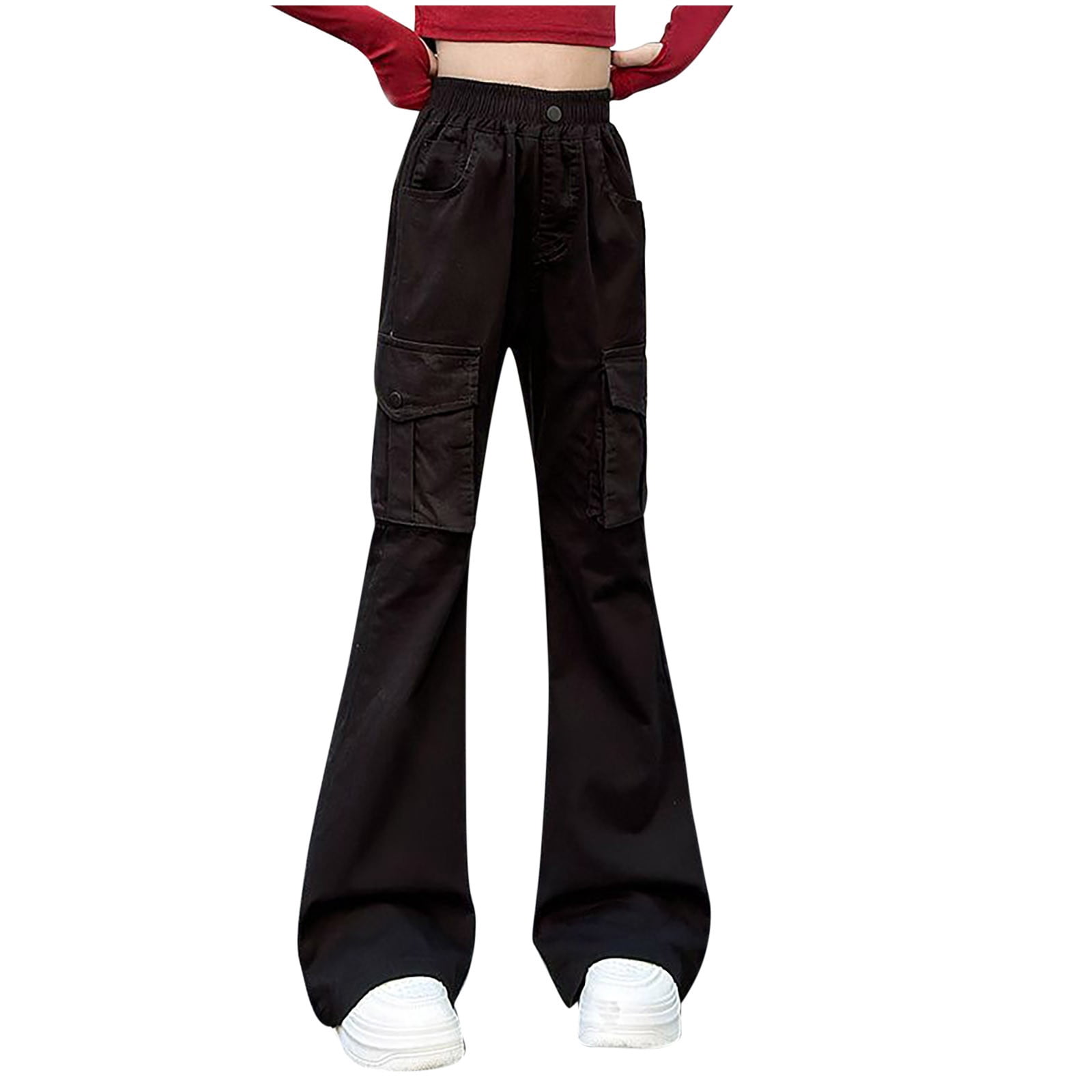 AINIYS Girls' Flared Work Pants High Waisted Long Pants Big Pockets ...