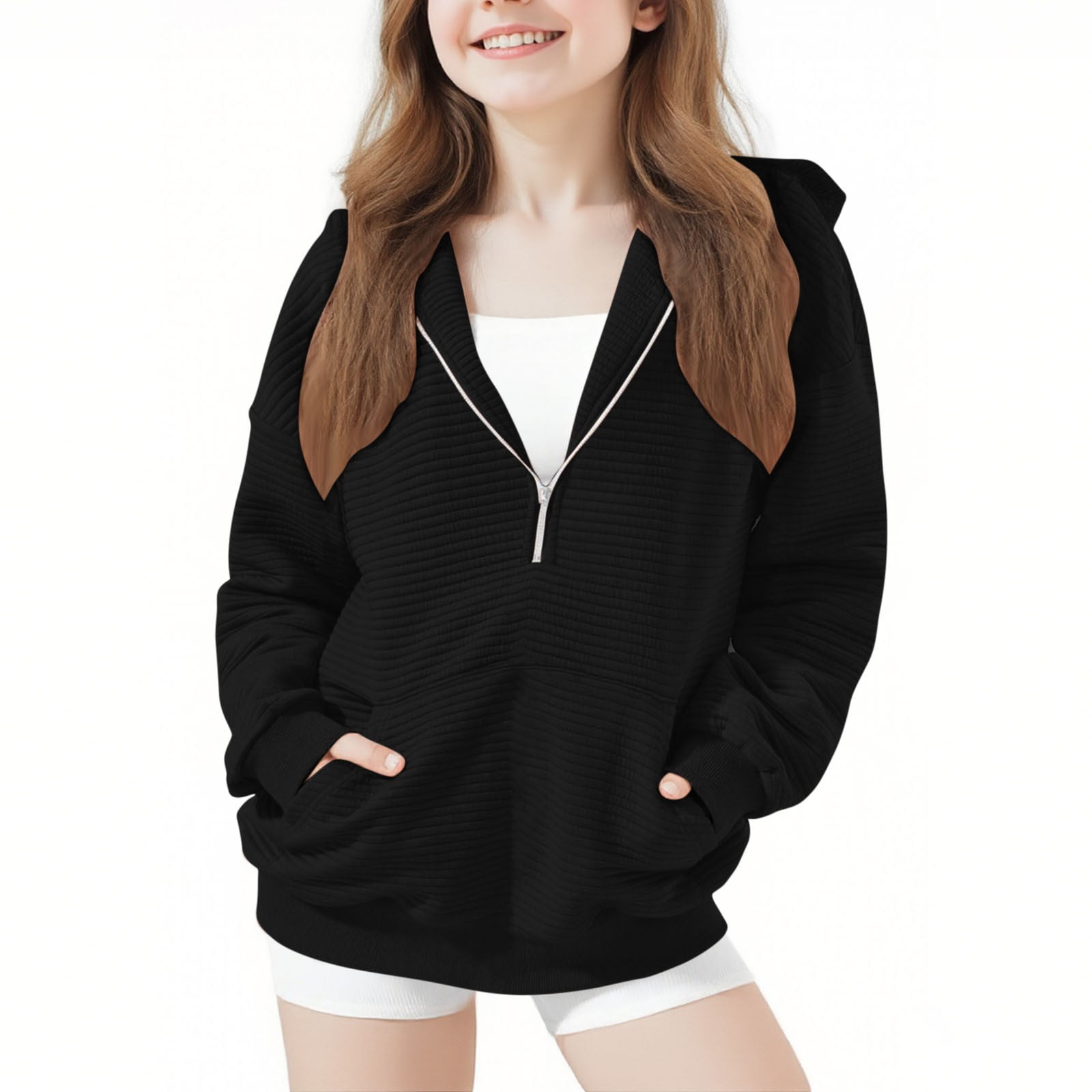 AINIYS Girls Half Zip Hoodies Pullover Solid Color Long Sleeve Casual ...