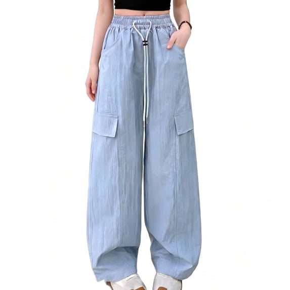 AINIYS Girls Kids Drawstring Waist Wide Leg Cargo Pants Loose Trousers ...