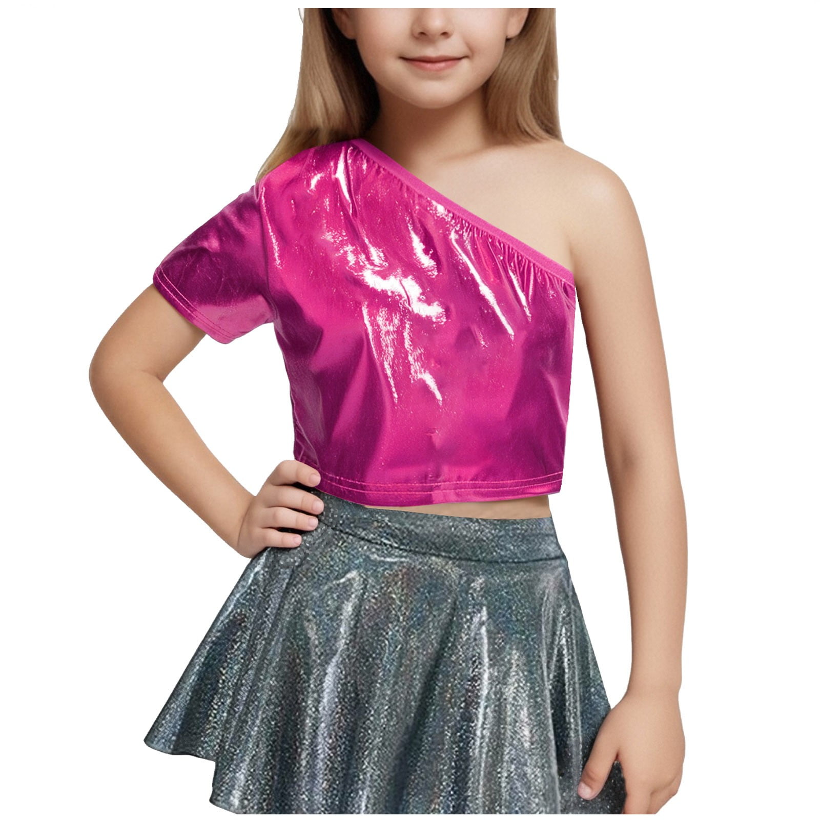 AINIYS Girls Short Sleeve Top One Shoulder Sparkle Print Stylish ...