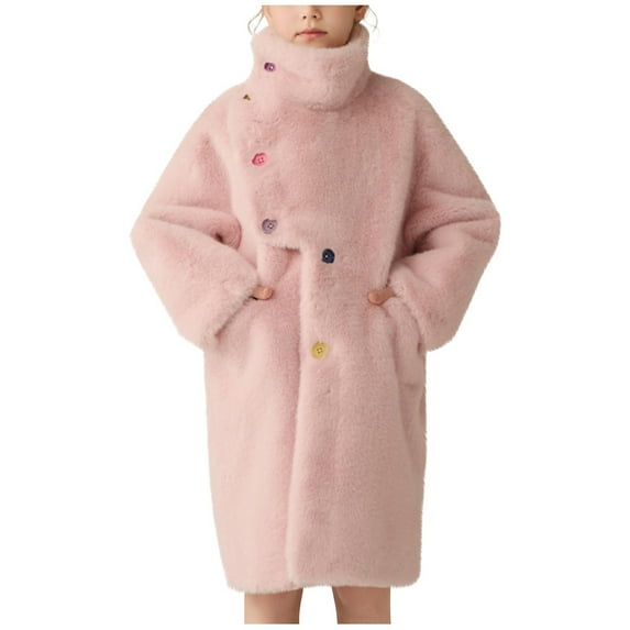 AINIYS Kids' Faux Fur Long Coat with Stand Collar Button Closure Warm ...