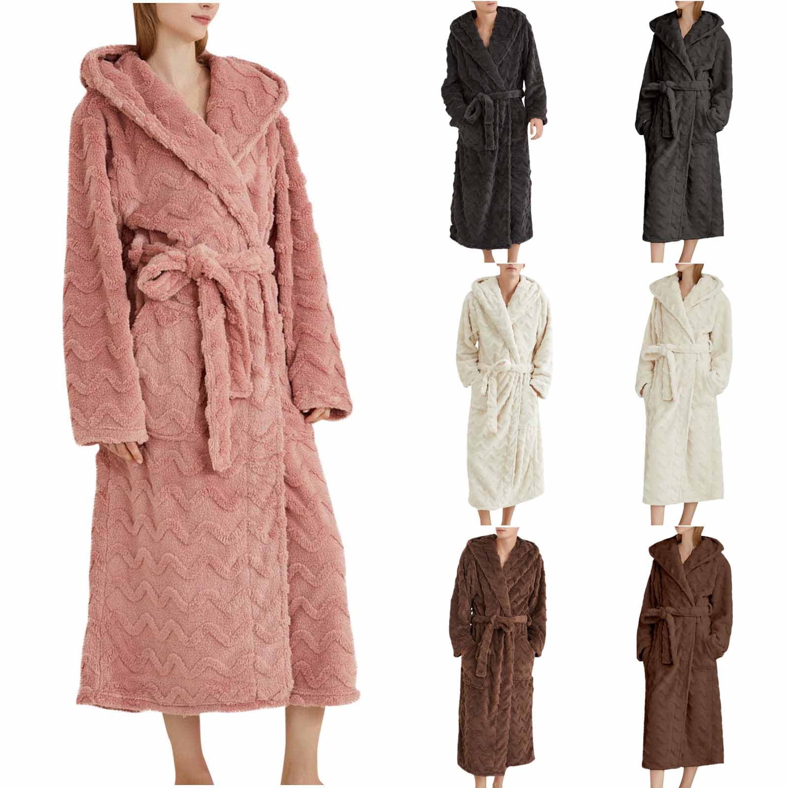 AINIYS Long Hooded Bathrobe Soft Flannel Pocket Robe with Belt for ...