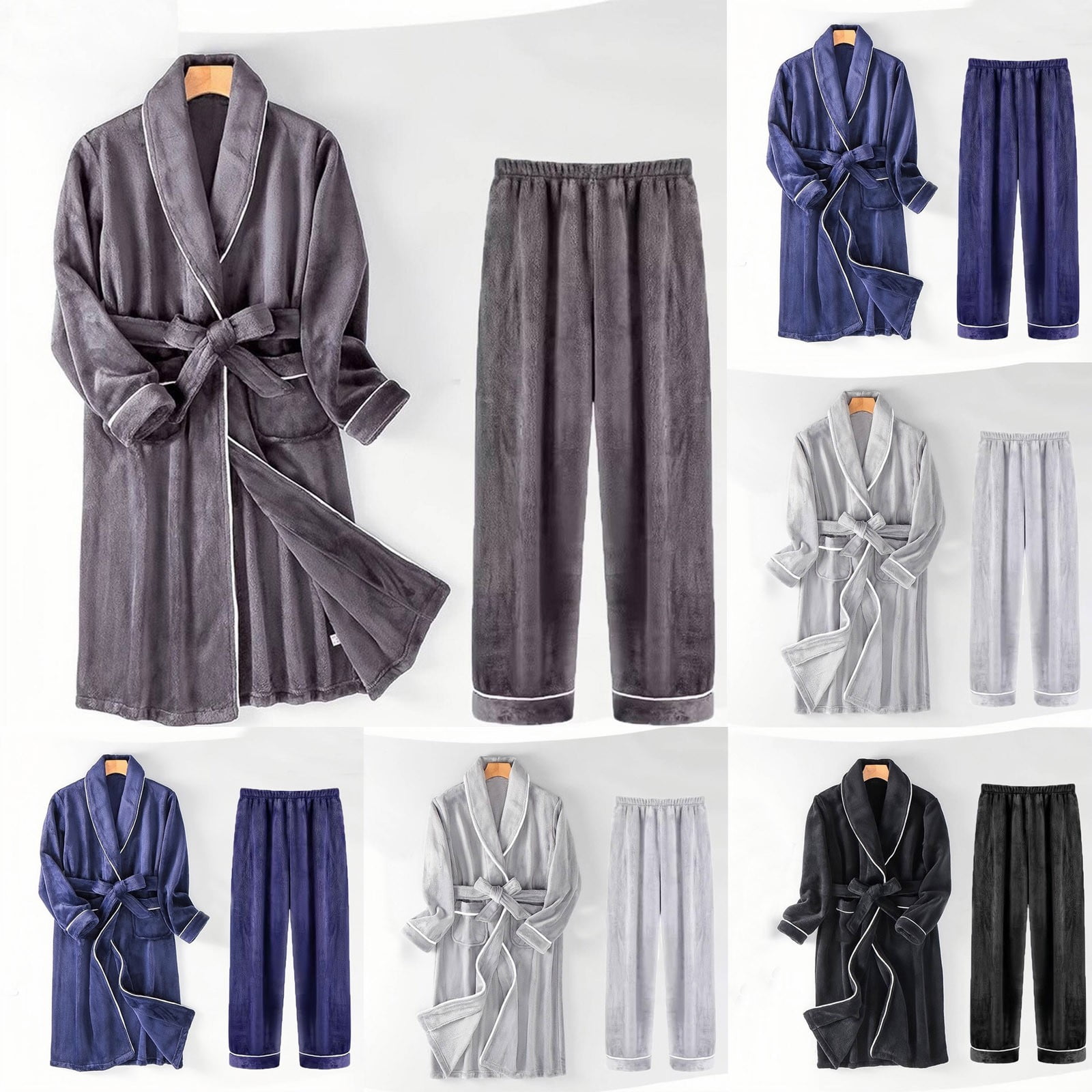 AINIYS Men's Thick Warm Velvet Robe Pajama Set, Solid Color Sleepwear ...