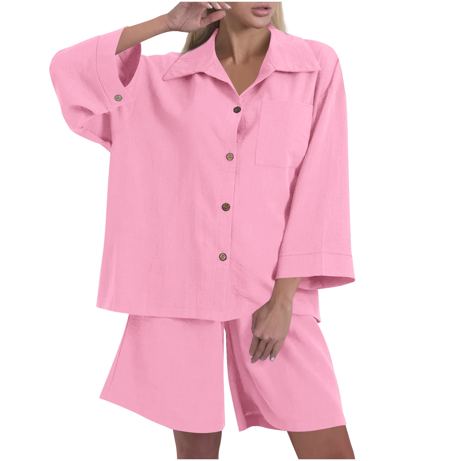 AINIYS Women's Casual 2 Piece Outfits Linen Solid Color Long Sleeve ...