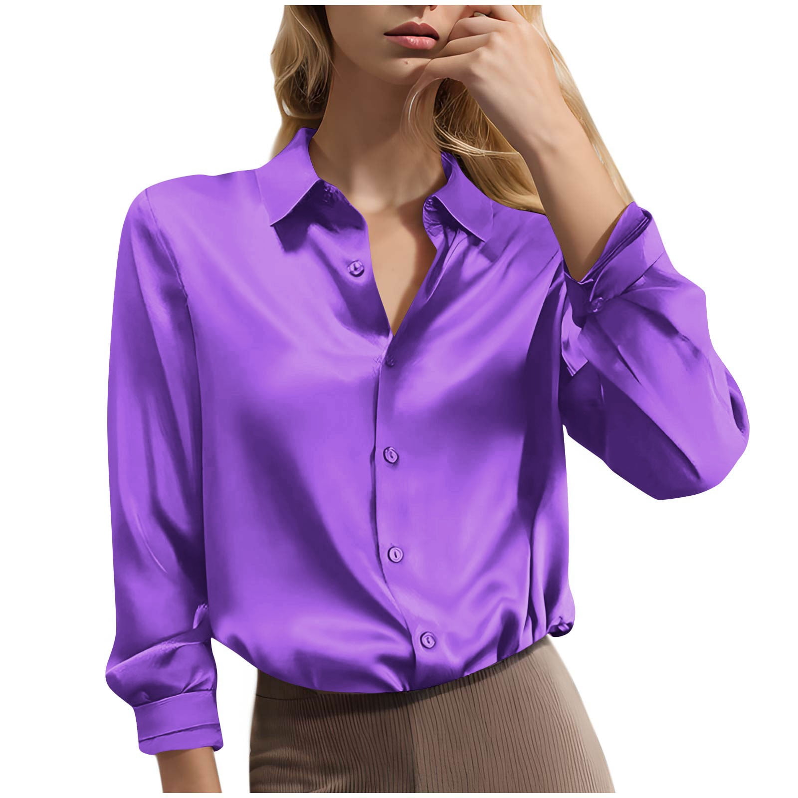 AINIYS Women's Collared Long Sleeve Satin Button Front Blouse Elegant ...