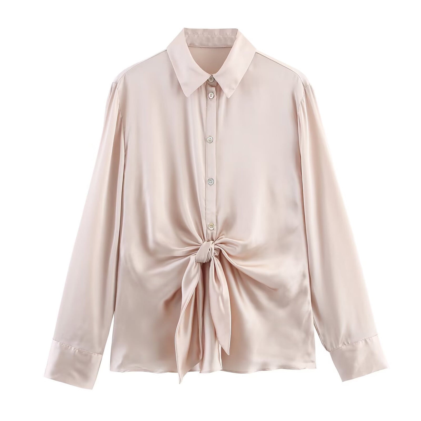AINIYS Women's Collared Long Sleeve Satin Knot Front Blouse Elegant ...