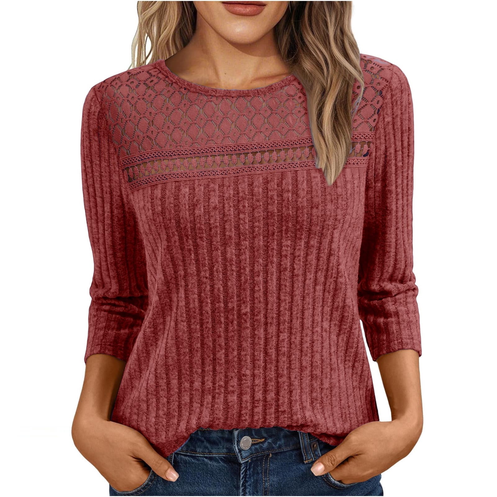 AINIYS Women's Crew Neck Lace-Detail 3/4 Sleeve Tops Romantic Stylish ...