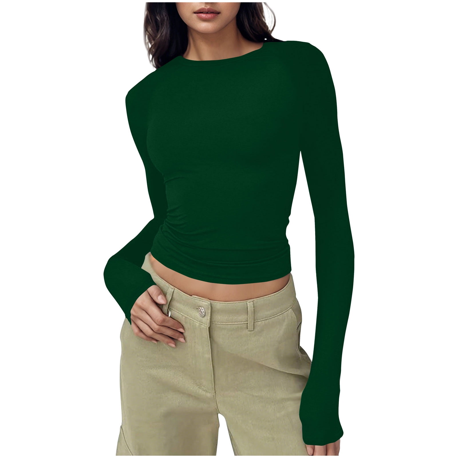 AINIYS Women's Crew Neck Long-Sleeve Crop Tops Stylish Fitted Layering ...