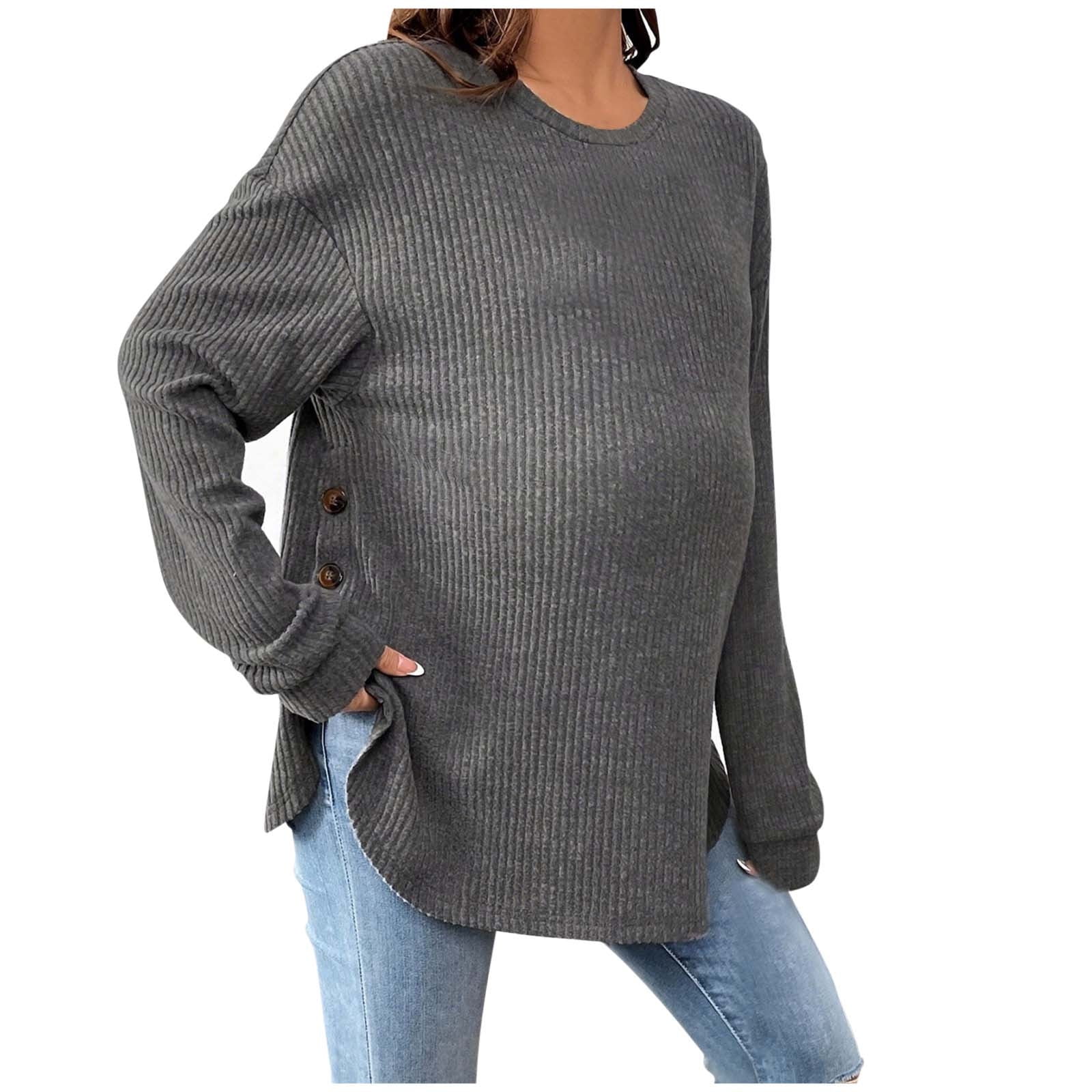 AINIYS Women's Crew Neck Long Sleeve Rib Knit Side Button Maternity ...