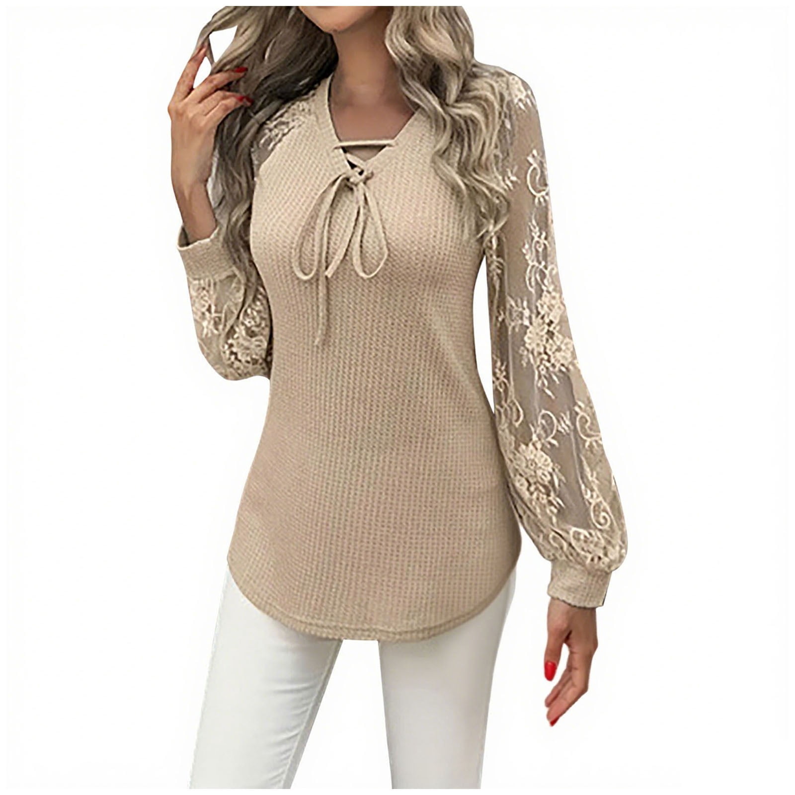 Ainiys Womens Lace Up V Neck Long Sleeve Lace Panel Knit Tops Elegant