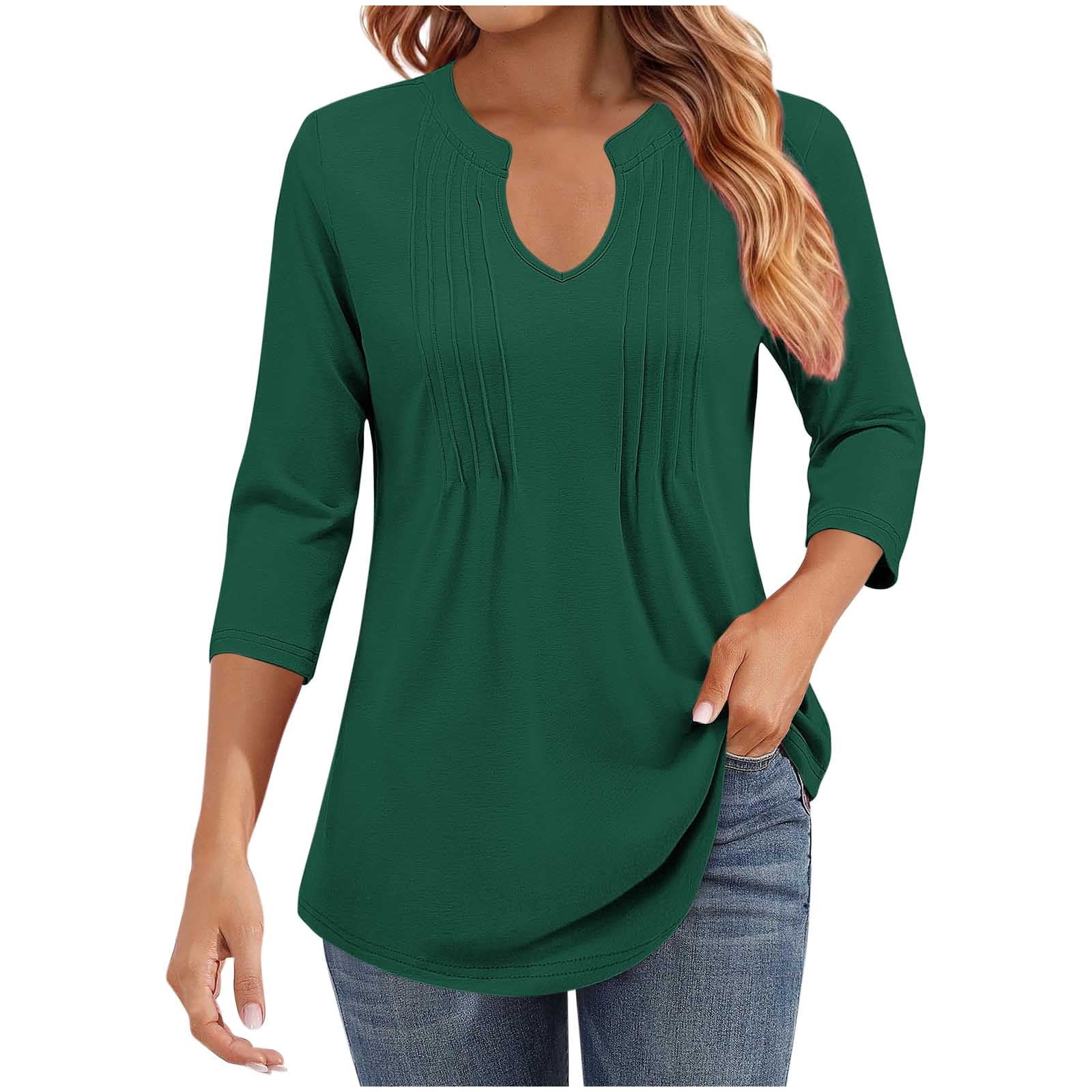 AINIYS Women's Notch V-Neck 3/4 Sleeve Pleated Tunic Tops Basic ...