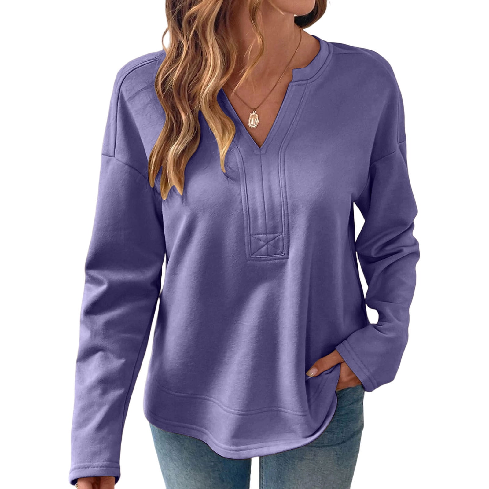 AINIYS Women's Split V-Neck Long Sleeve Embroidered Tops Stylish Basic ...