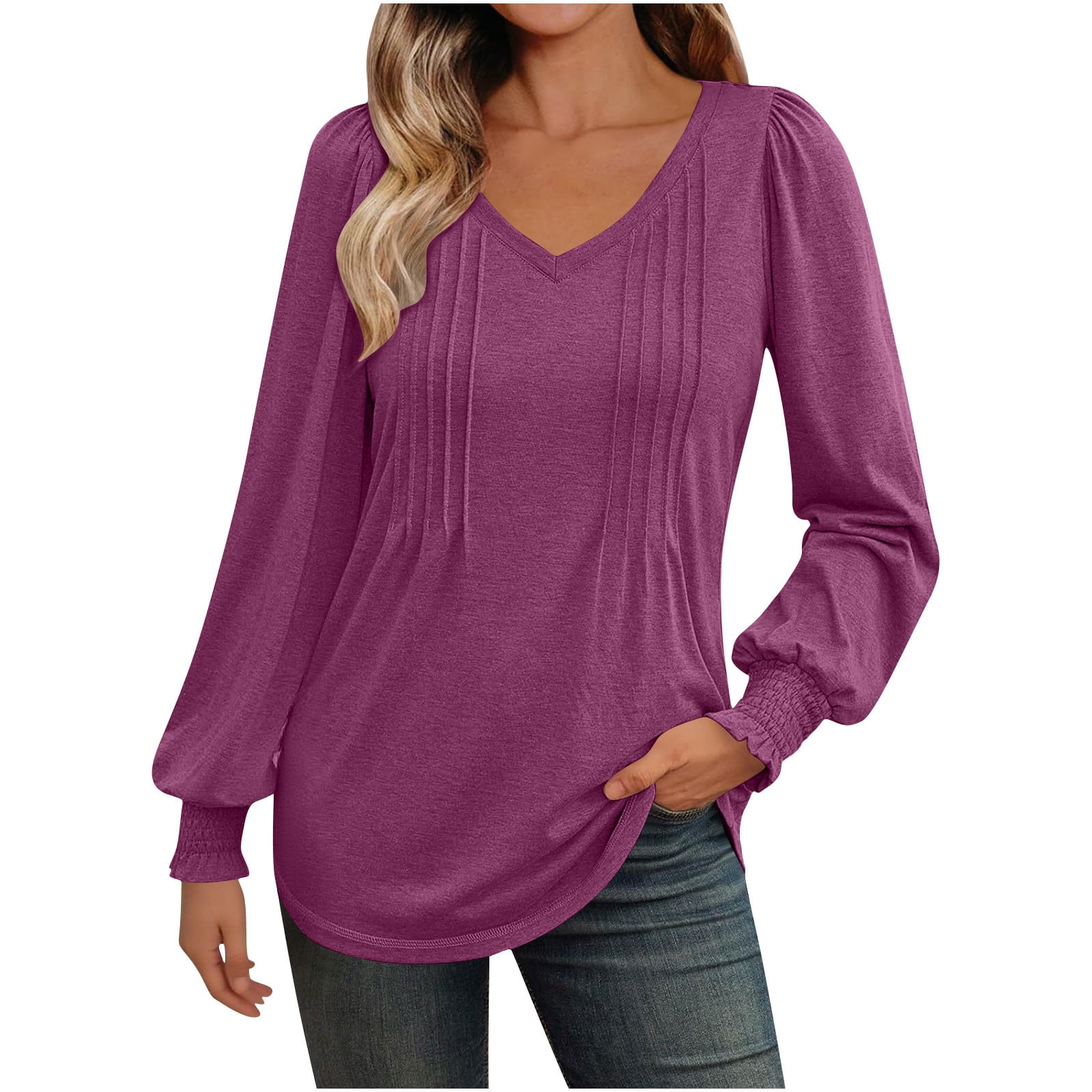 AINIYS Women's V-Neck Long Sleeve Pintuck Balloon Sleeve Tunic Tops Elegant Basic Layering ...