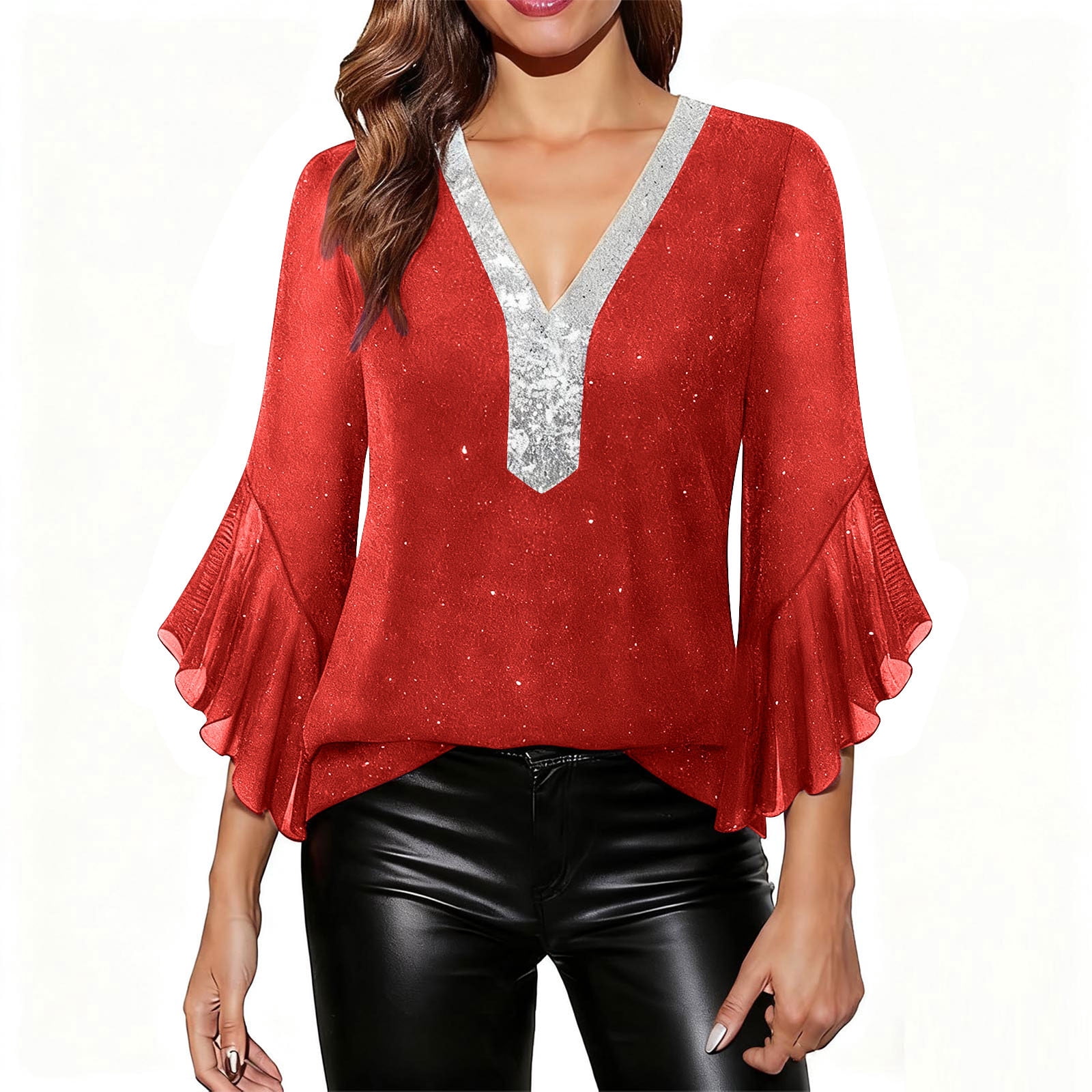 AINIYS Women's V-Neck Sequin-Trim Sleeve Sheer Blouse Elegant Sparkly ...