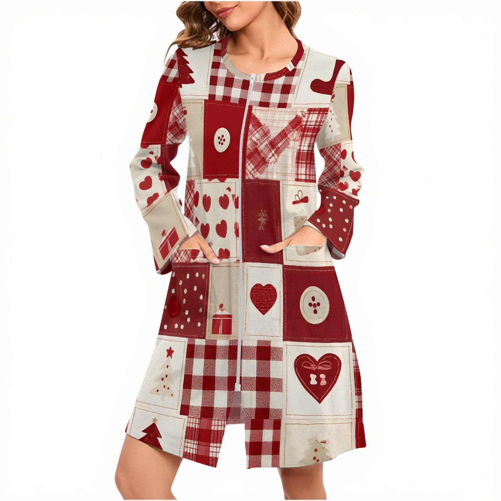 AINIYS Zipper Robes Christmas Santa Claus Graphic Round Neck Short ...