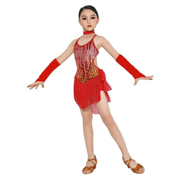AINIYSGirls Sequin Tassel Latin Dance Dress with Choker and Gloves 3Pcs Fringe Flapper Dress ...