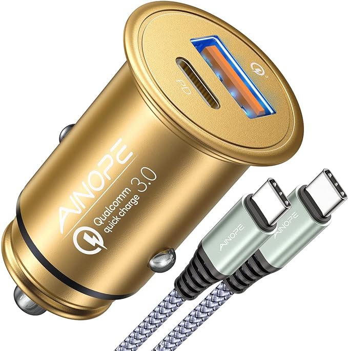 AINOPE USB C Car Charger 48W Super Mini All Metal Fast USB Car Charger Adapter Dual Port PD&QC 3 ...