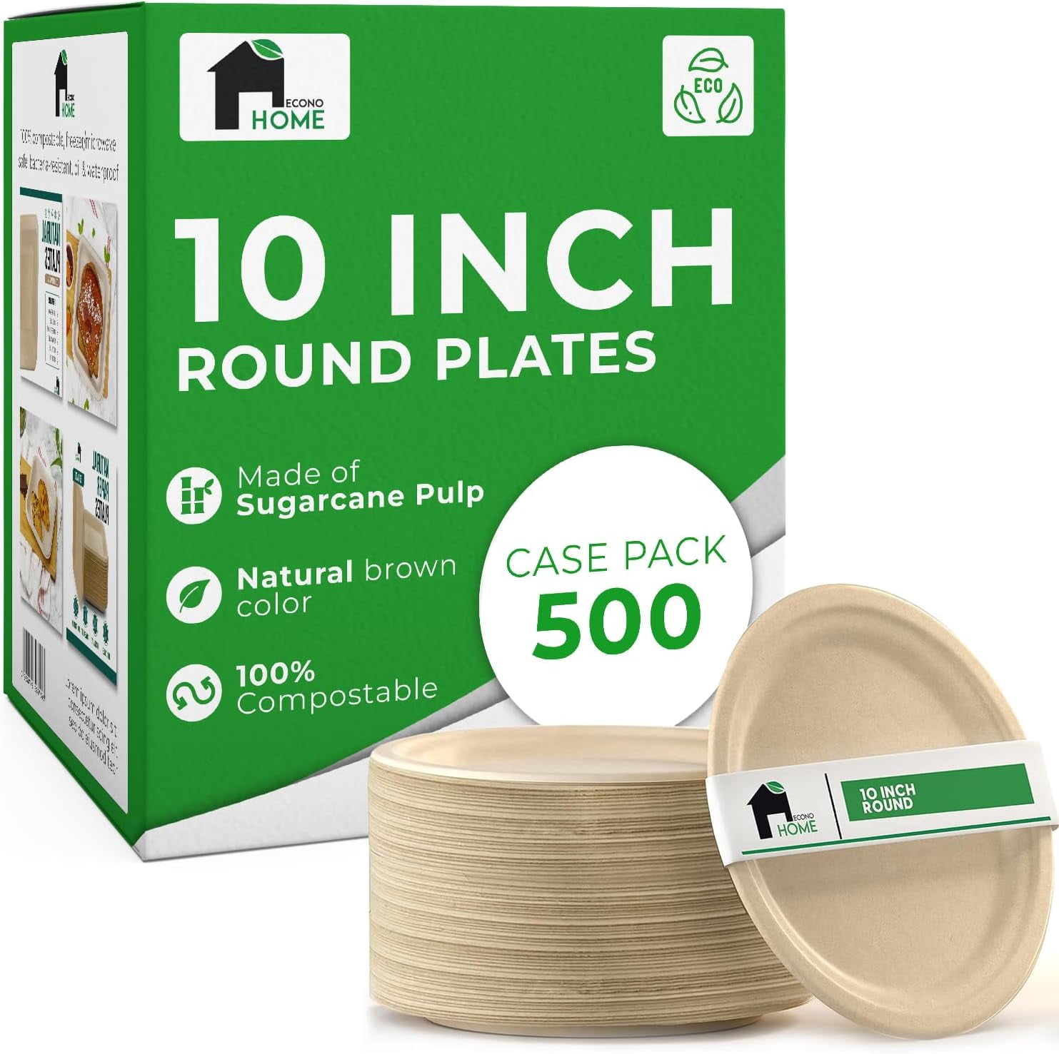 AINUO 10 Inch Compostable Paper Plates, Heavy Duty Sugarcane Bagasse ...