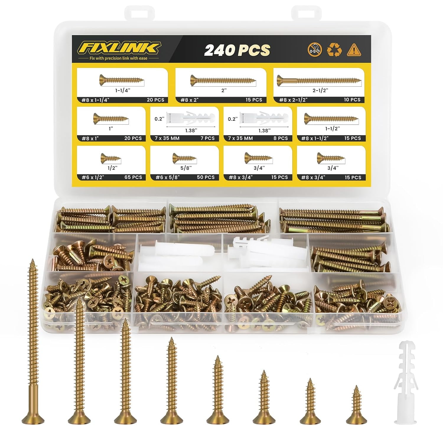 AINUO 240 PCS Wood Screws Assortment Kit, High Hardness Flat Head ...