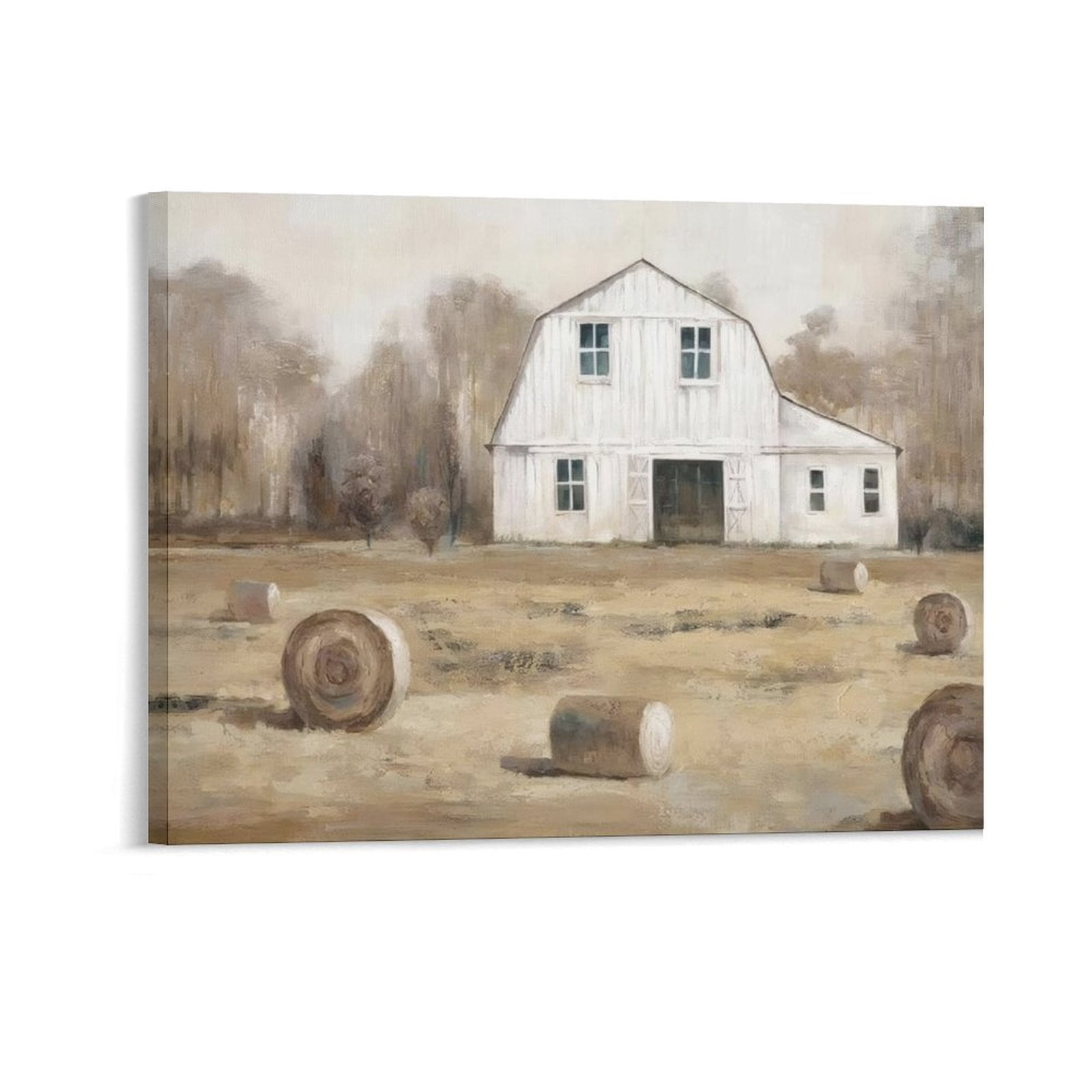 AIOE "White Barn & Hay Bales" Rustic Farmhouse Landscape Wall Art ...