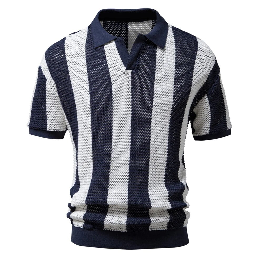 AIOPESON 100% Cotton Hollow Out Men's Polo Shirts Short Sleeve Knitted V-neck See Through Sexy ...