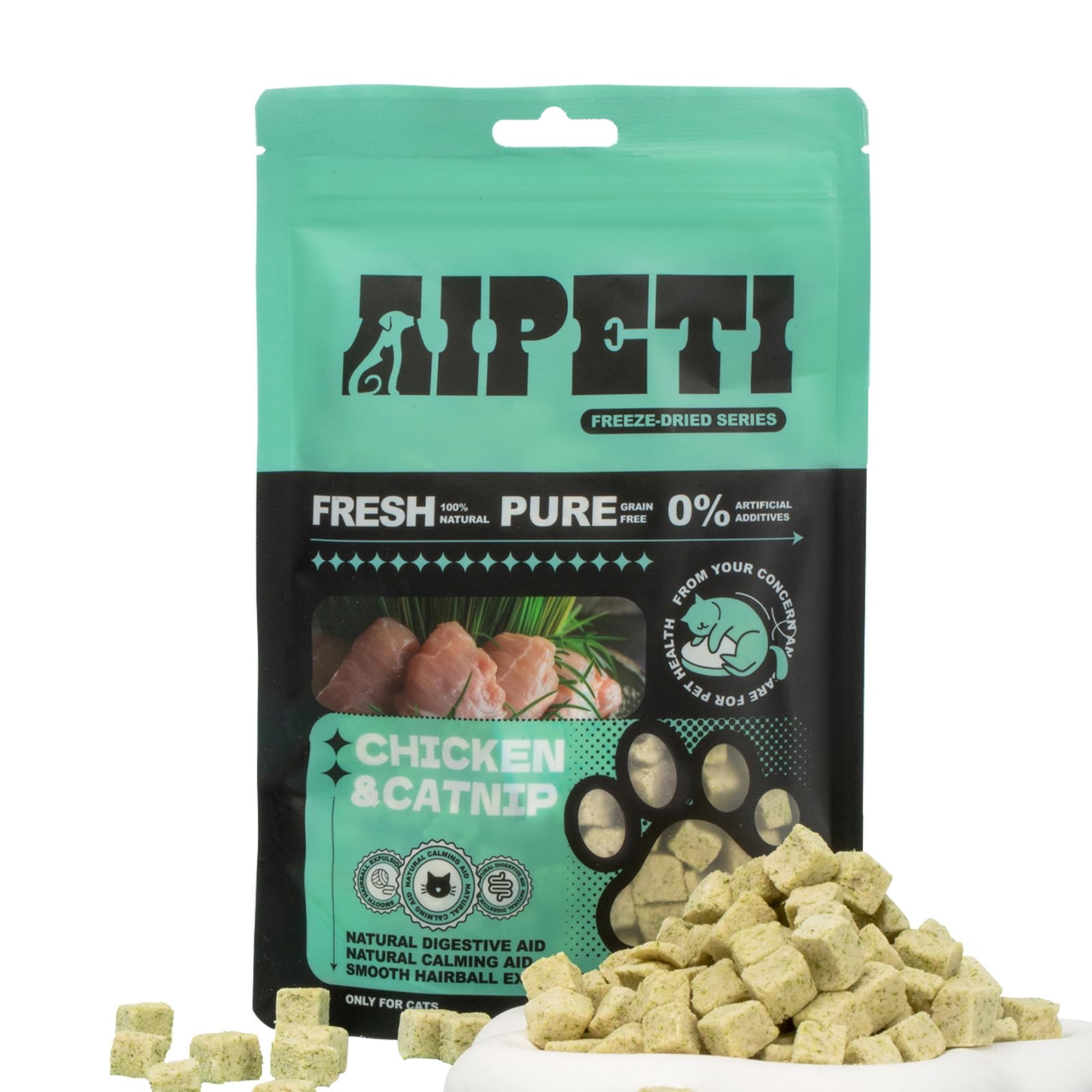 AIPETI Freeze Dried Cat XEF1 Grass & Chicken Breast Treats Cats, Dental ...