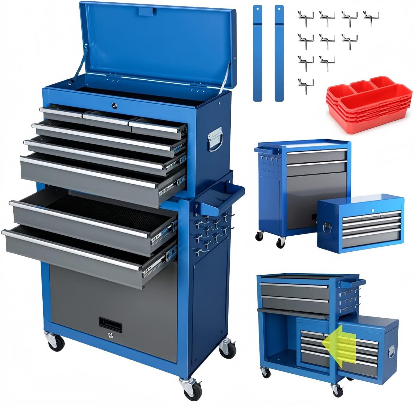 AIRAJ Large Mobile Rolling Tool Chest, 8 Drawers Detachable Toolbox ...