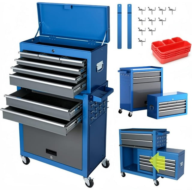 AIRAJ Large Mobile Rolling Tool Chest, 8 Drawers Detachable Toolbox with Wheels, Storage Box ...