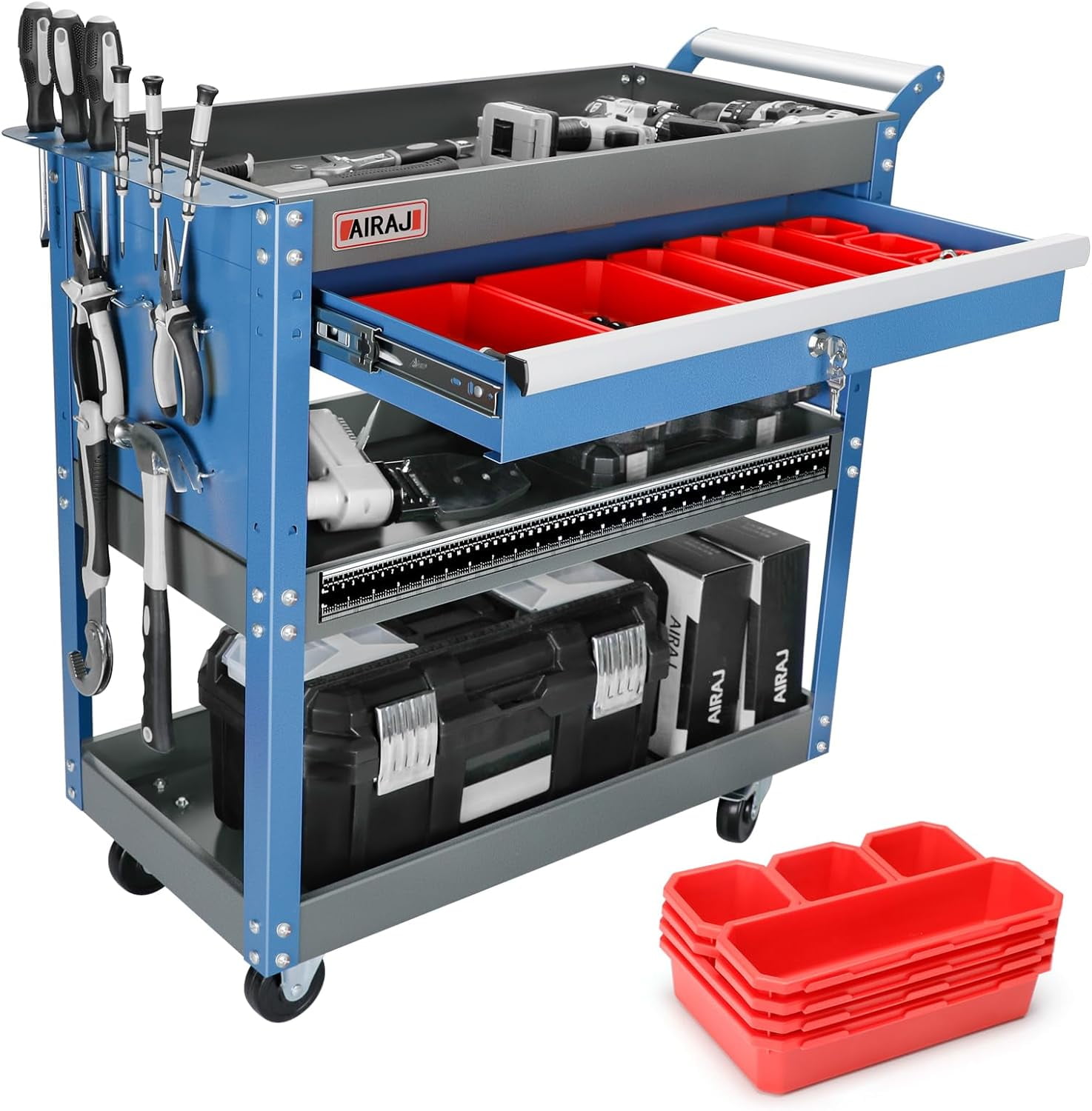 AIRAJ Tool Cart, 3 Tier Rolling Tool Cart with Drawers, Heavy Duty Tool Cart on Wheels for ...