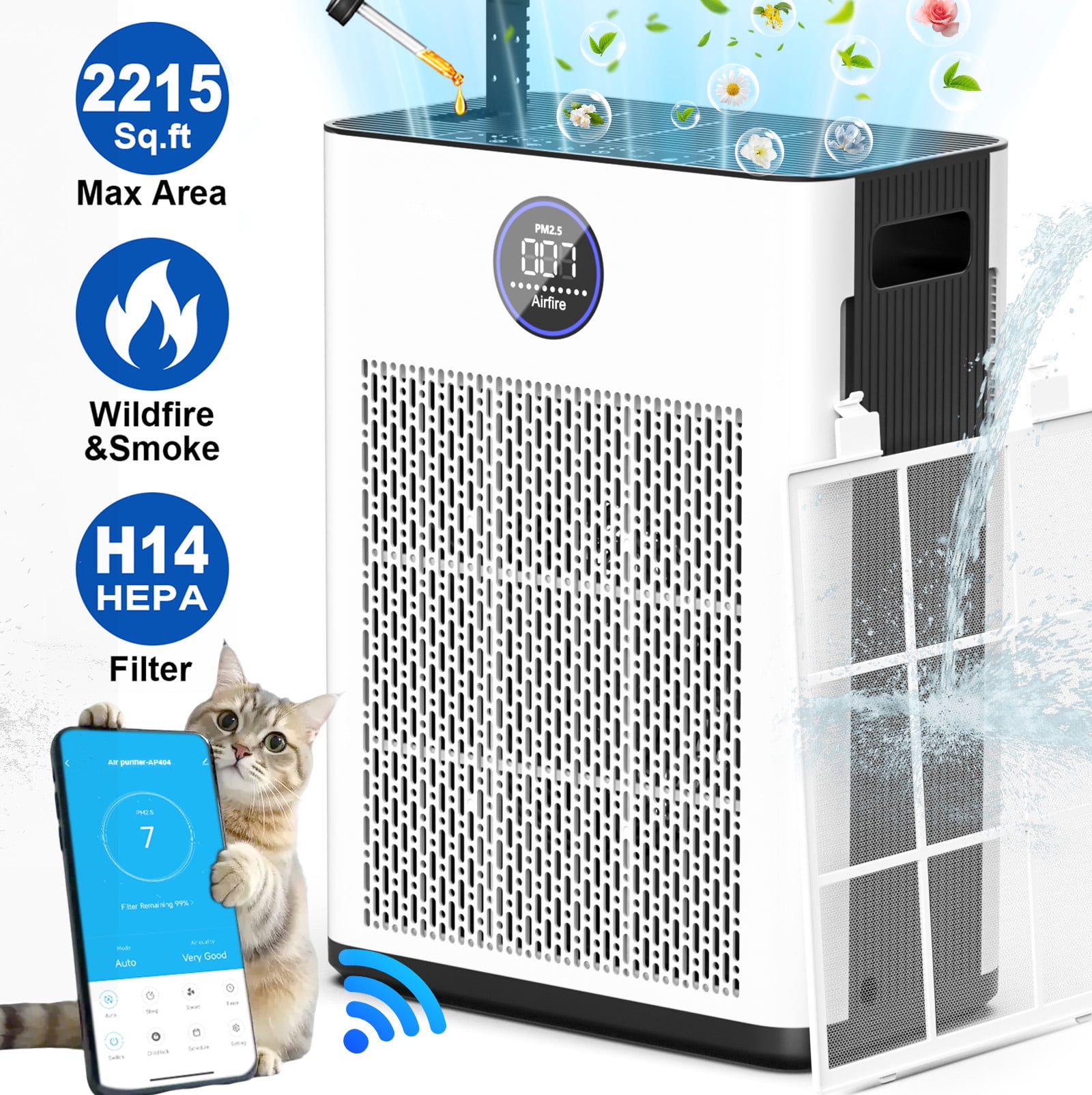 AIRFIRE Air Purifiers for Home, H14 HEPA Filter, WiFi Control, Washable ...