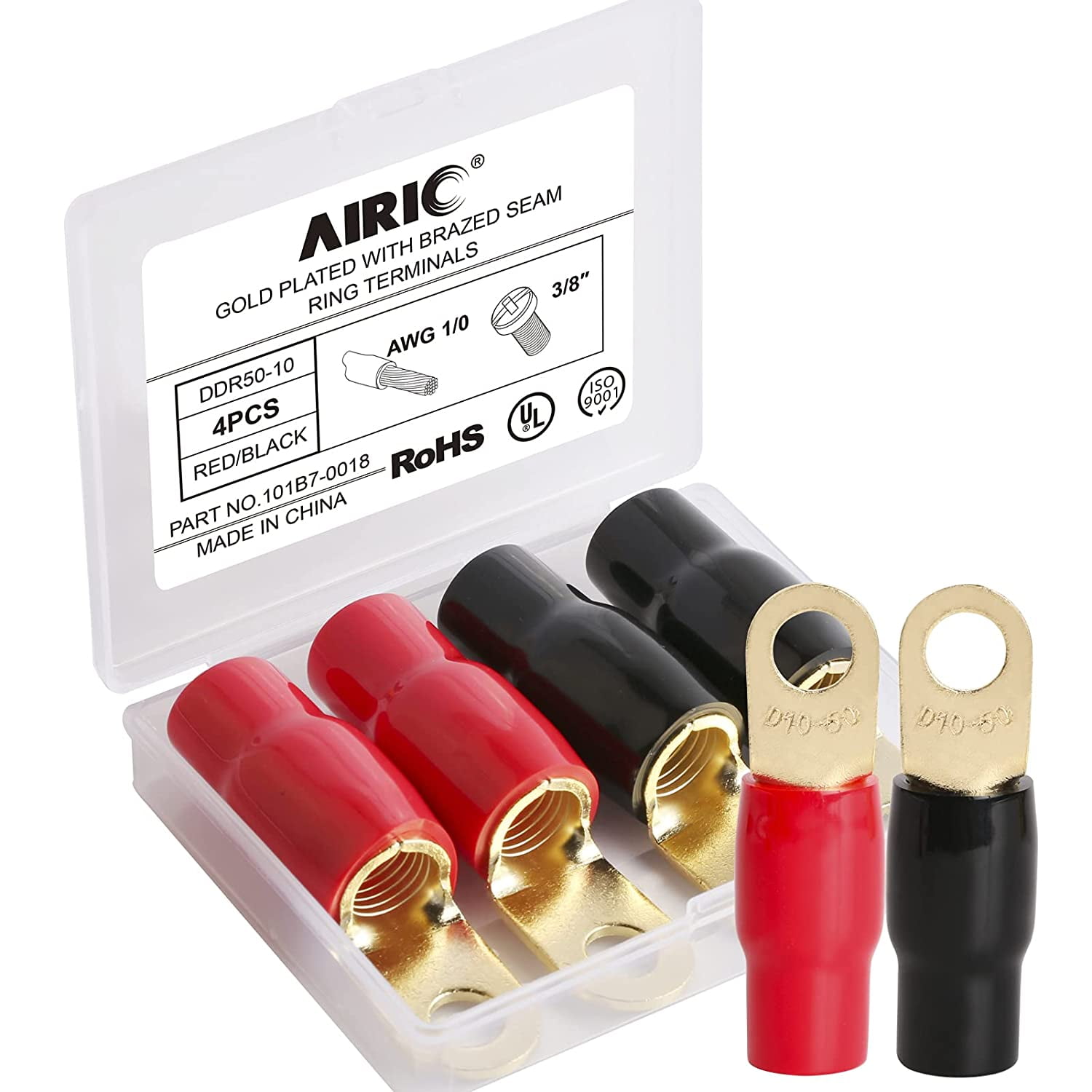 AIRIC 1/0 Gauge Ring Terminal 3/8 inch Gold Plated Crimp Ring Terminals with Soft Boots Gold ...