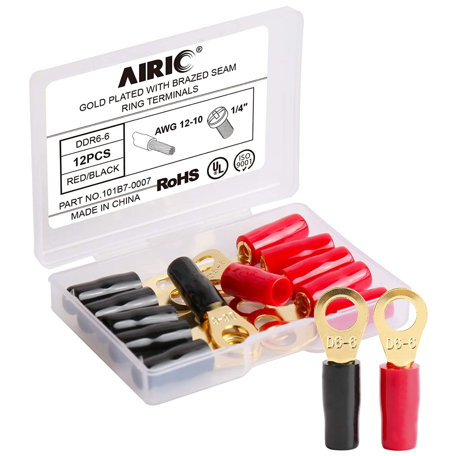 AIRIC 12-10 AWG Ring Terminal 1/4 inch Gold Plated Crimp Ring Terminals with Soft Boots Gold ...