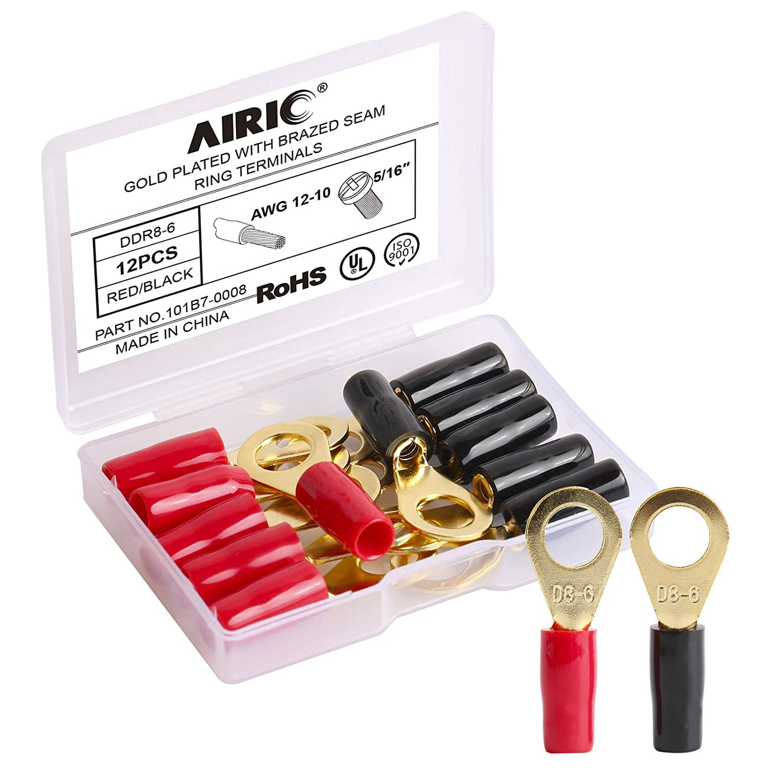 AIRIC Electrical Set: 12-10 Gauge Gold Plated Crimp Ring Terminals with Soft Boots, 12-Pack ...