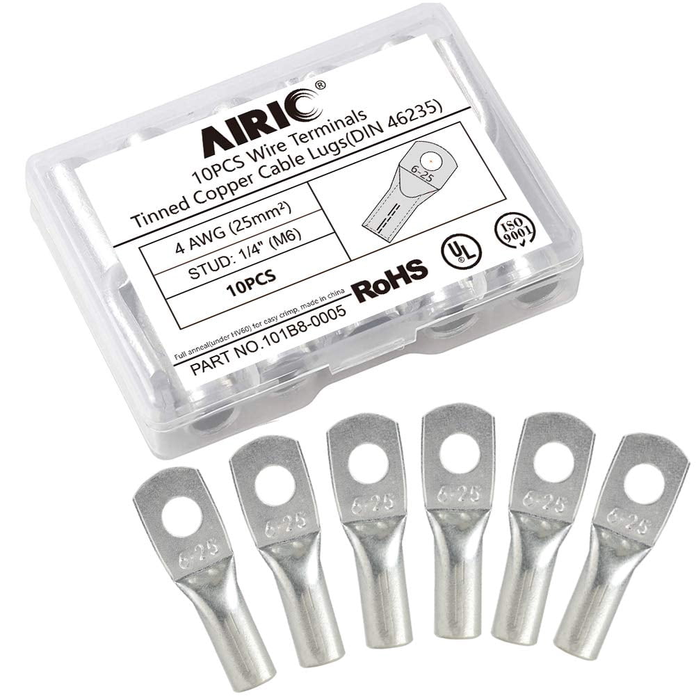 AIRIC 4 Gauge Wire Lugs 1/4" Stud (M6) 10pcs UL Heavy Duty Battery ...