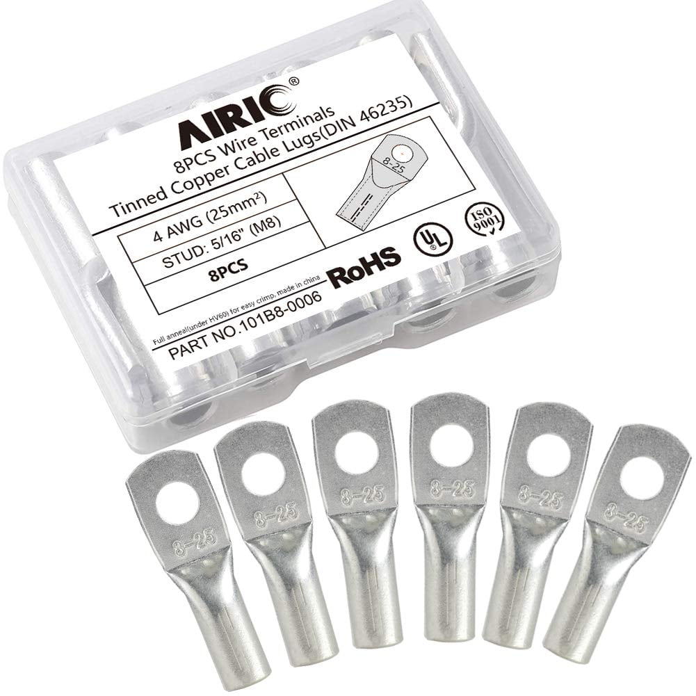 AIRIC 4 AWG Wire Lugs 5/16" Stud (M8) 8pcs UL Heavy Duty Cable Lugs ...