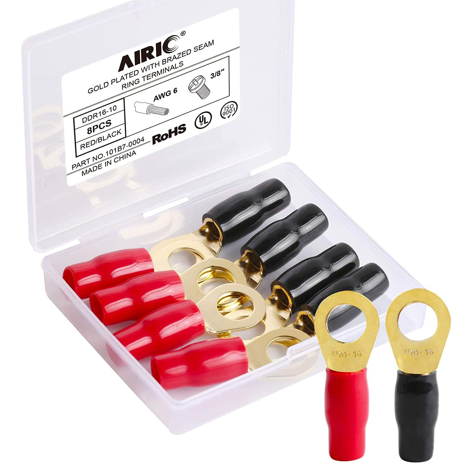 AIRIC 6 AWG Ring Terminal 3/8 inch Gold Plated Crimp Ring Terminals with Soft Boots Gold Wire ...