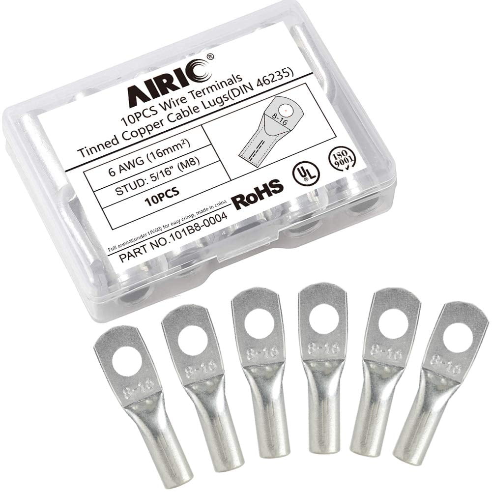 AIRIC 6 Gauge Wire Lugs 5/16" Stud (M8) 10pcs UL Heavy Duty Cable Lugs ...