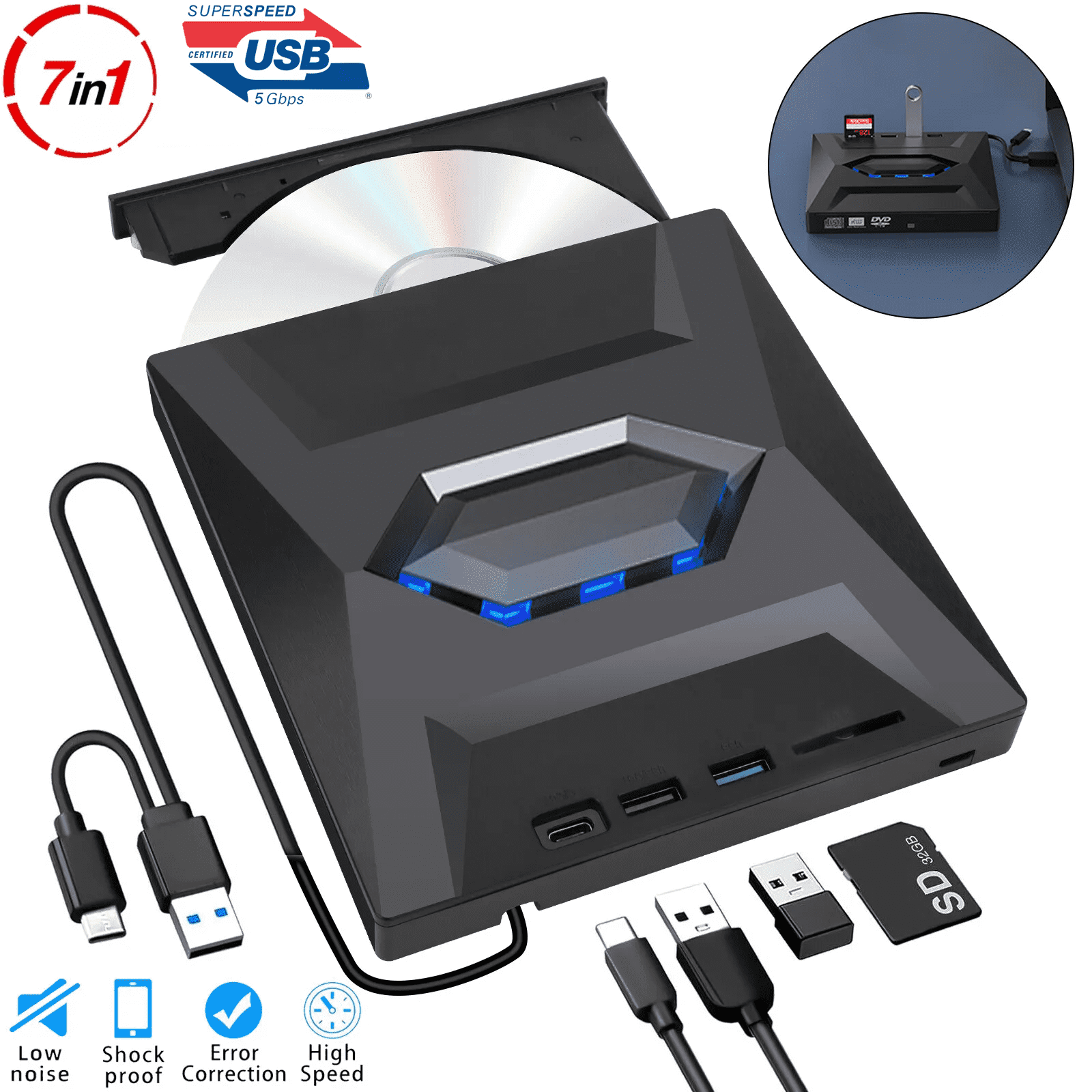 AIRKOUL External CD/DVD Drive for Laptop, Type-C USB 3.0 Portable CD ...