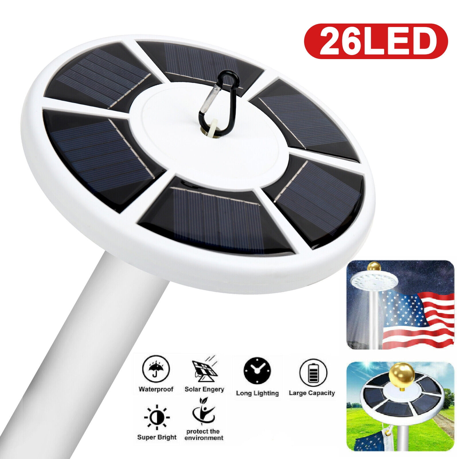 AIRKOUL Solar Powered Flag Pole Light 26 LED USA Night Super Bright ...