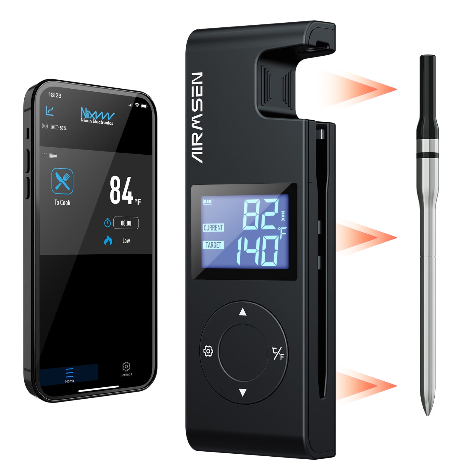 AIRMSEN 600FT Wireless Meat Thermometer, Bluetooth 5.4, 72H Battery ...
