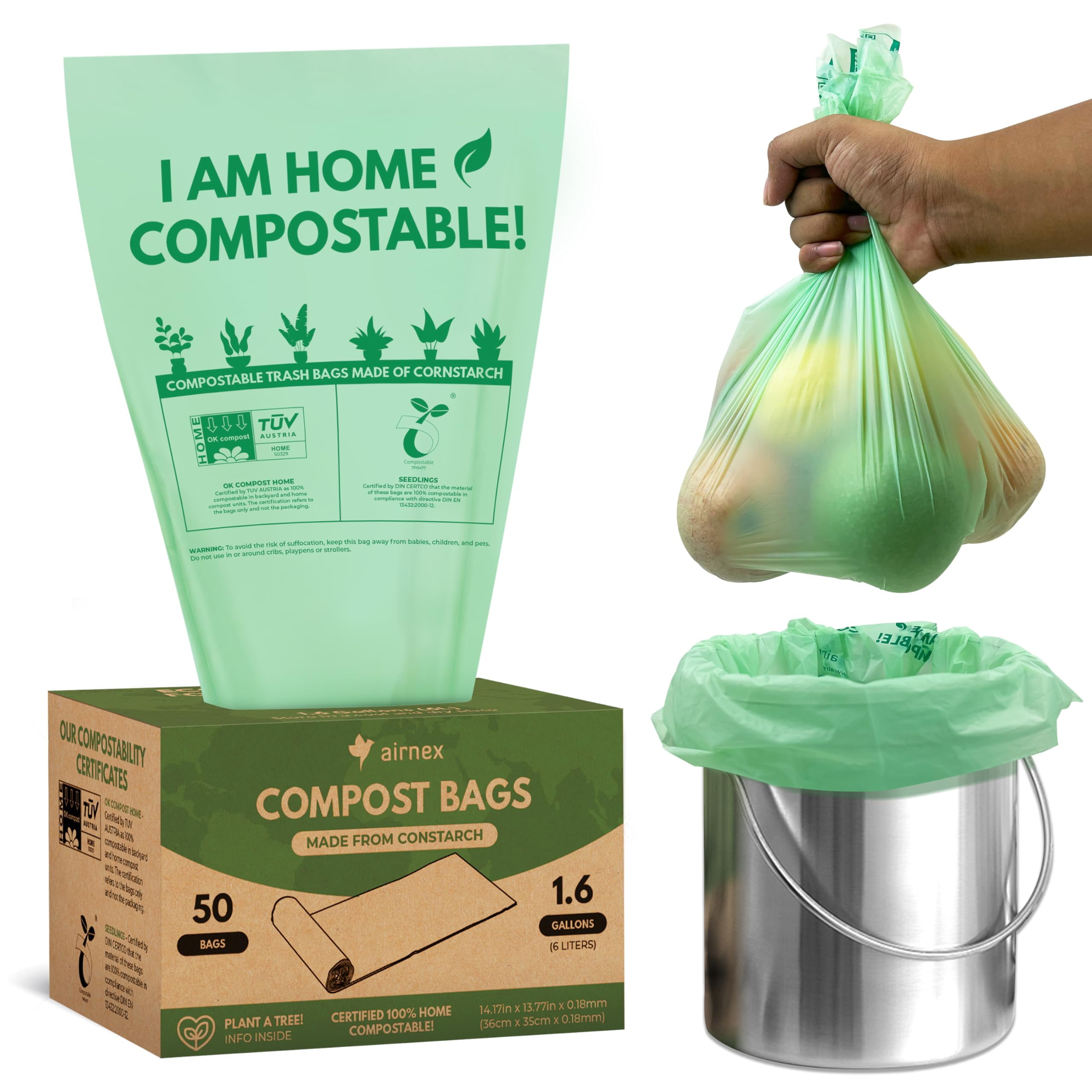 AIRNEX 50 Small Compost AIF9 Bags for Countertop 1.6 Gal - Cornstarch ...